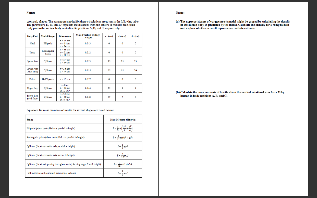 Solved Name: Name: geometric shapes. The parameters needed | Chegg.com