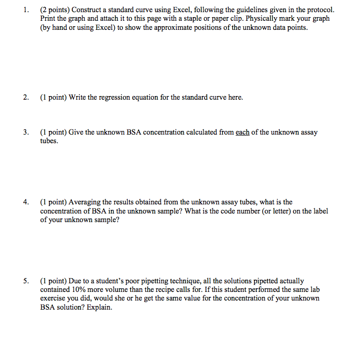 1 2 Points Construct A Standard Curve Using Excel Chegg