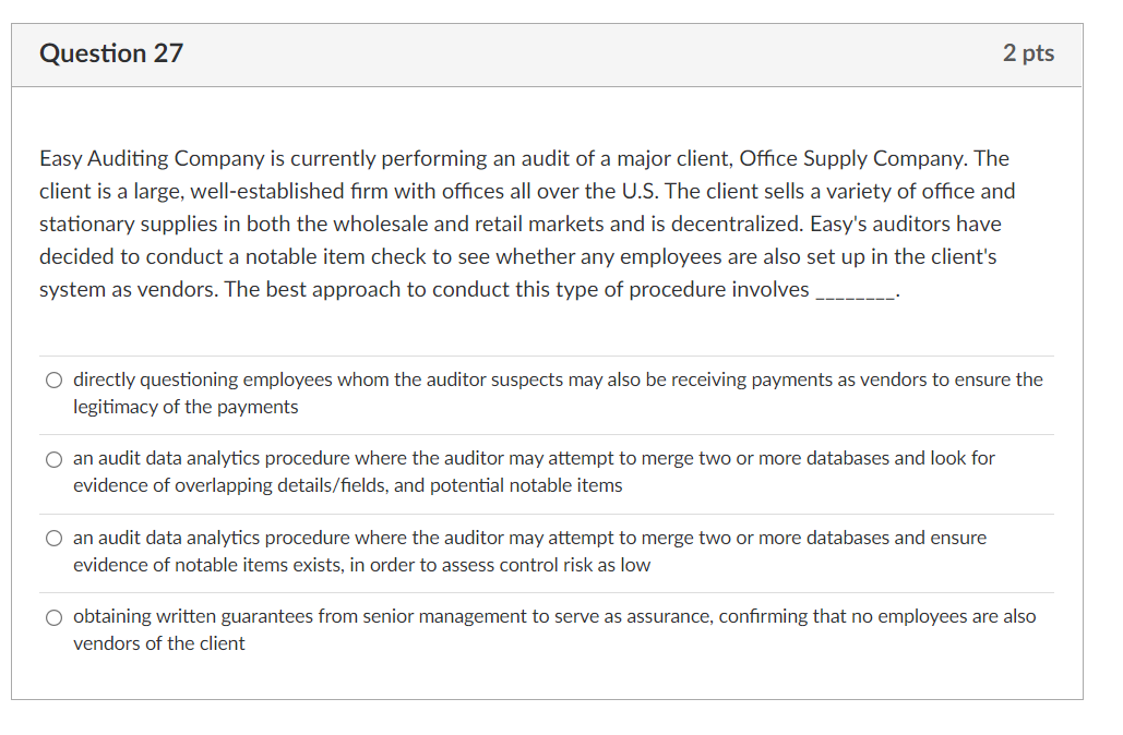 Solved Easy Auditing Company is currently performing an | Chegg.com