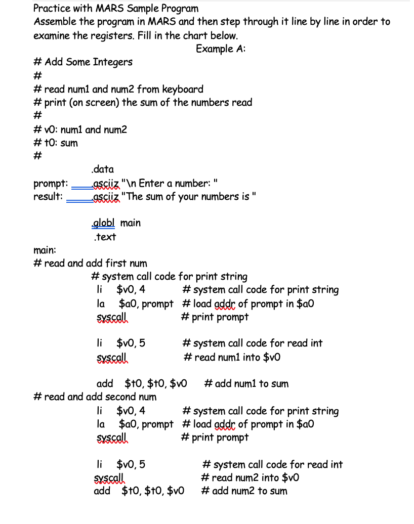 Practice with MARS Sample Program Assemble the | Chegg.com