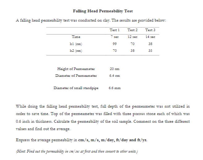 Solved Falling Head Permeability Test A falling head | Chegg.com