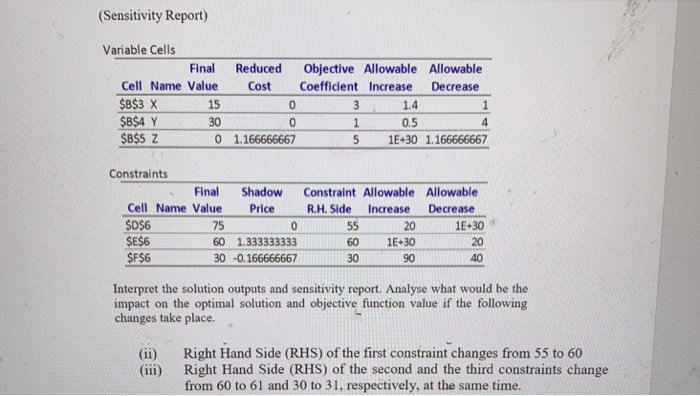 Solved (Sensitivity Report) Variable Cells Final Reduced | Chegg.com Solved (Sensitivity Report) Variable Cells Final Reduced | Chegg.com