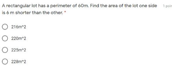 Solved A rectangular lot has a perimeter of 60m. Find the | Chegg.com