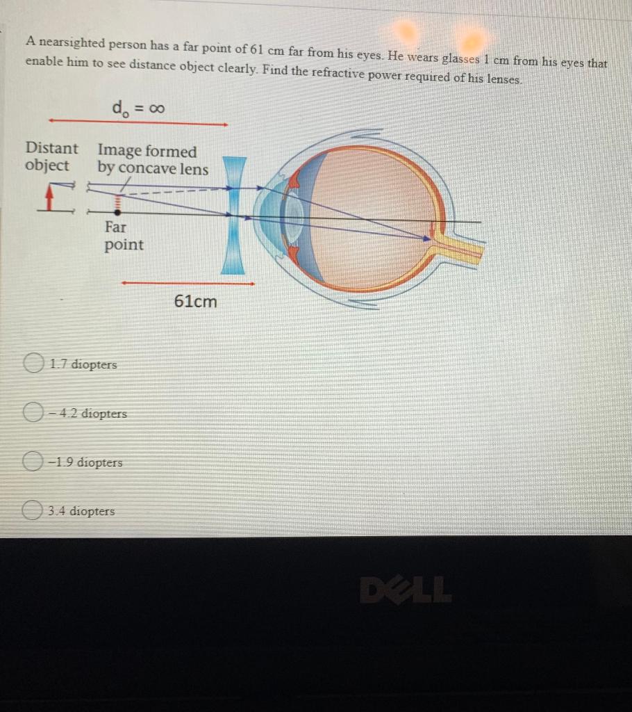 Solved A nearsighted person has a far point of 61 cm far | Chegg.com