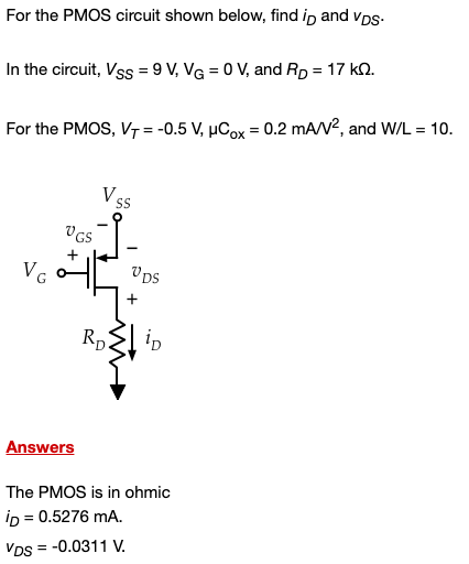 Solved For the PMOS circuit shown below, find in and Vos. In | Chegg.com