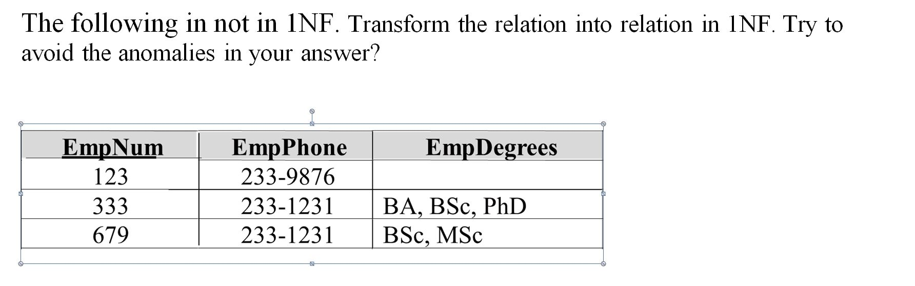 Solved The following in not in 1NF. Transform the relation | Chegg.com