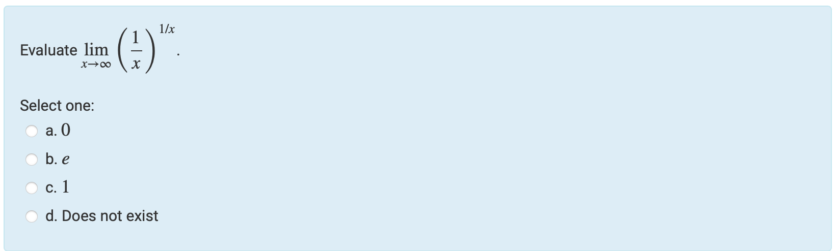 Solved Evaluate limx→0(x1−x1) Select one: a. −1/2 b. −1 c. 0 | Chegg.com
