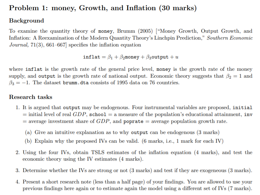 Solved Problem 1: money, Growth, and Inflation (30 marks) | Chegg.com