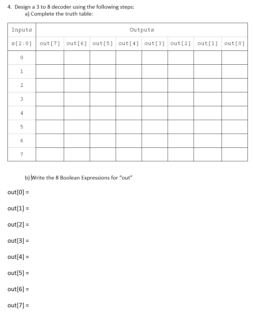 Solved 4. Design a 3 to 8 decoder using the following steps: | Chegg.com