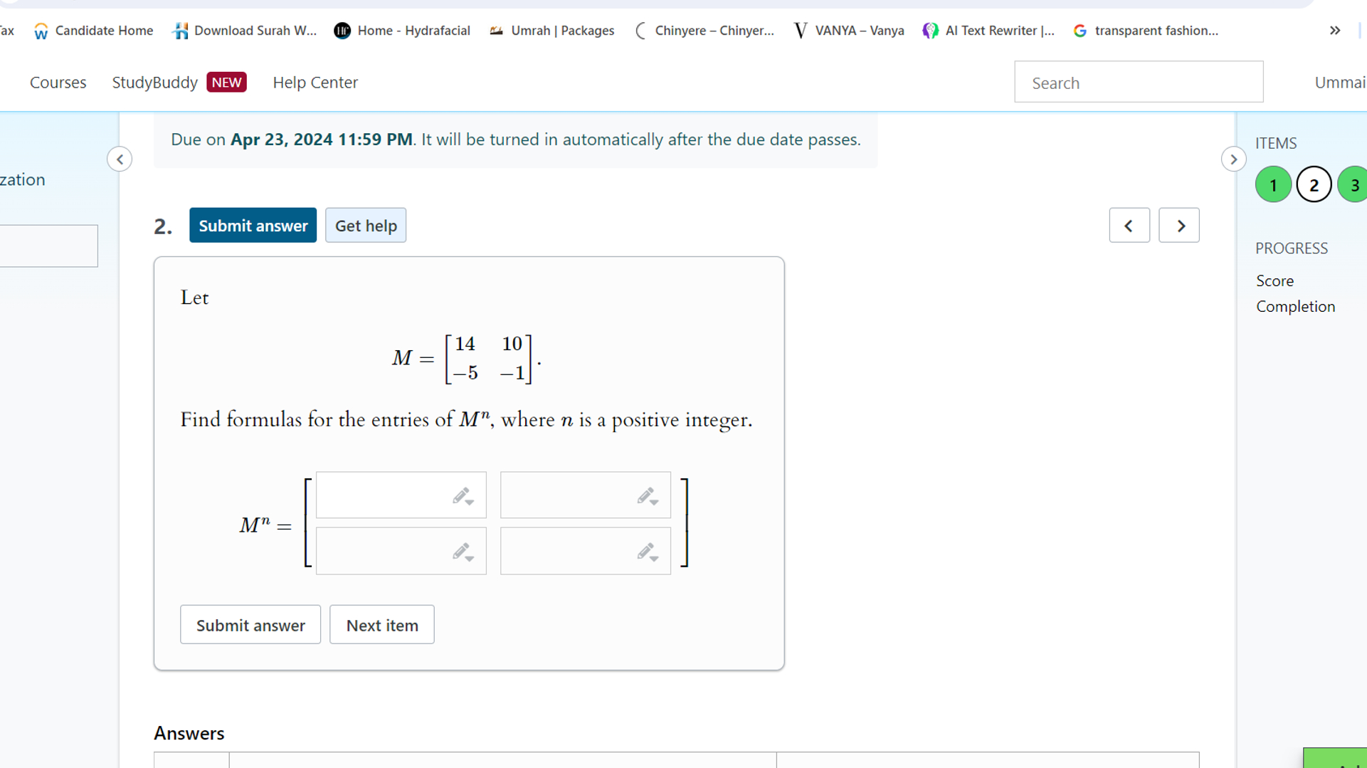 Solved LetM=[1410-5-1].Find formulas for the entries of Mn, | Chegg.com