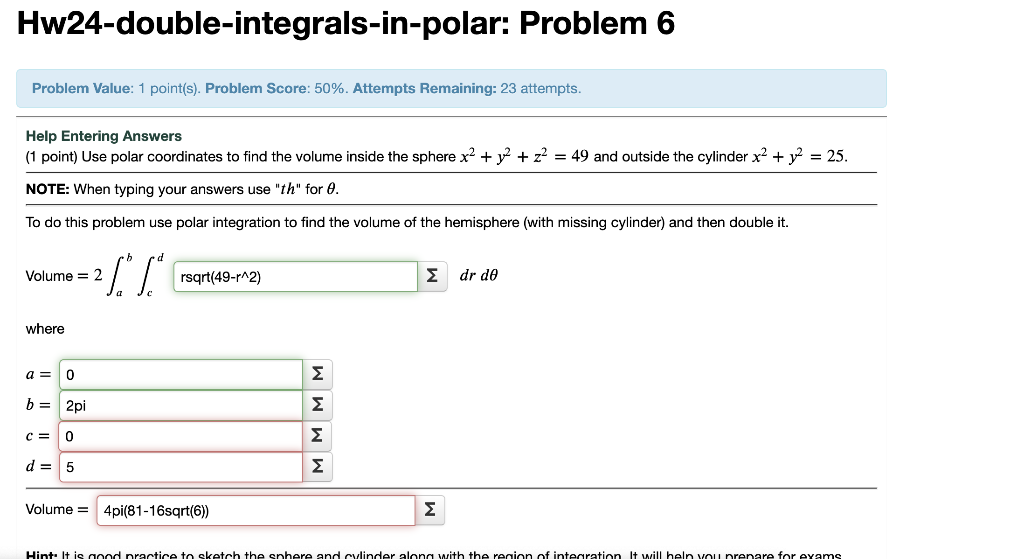 Solved Hw24-double-integrals-in-polar: Problem 6 Problem | Chegg.com
