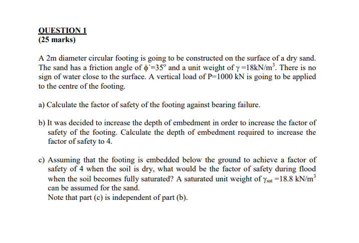 Solved QUESTION 1 (25 marks) A 2m diameter circular footing | Chegg.com