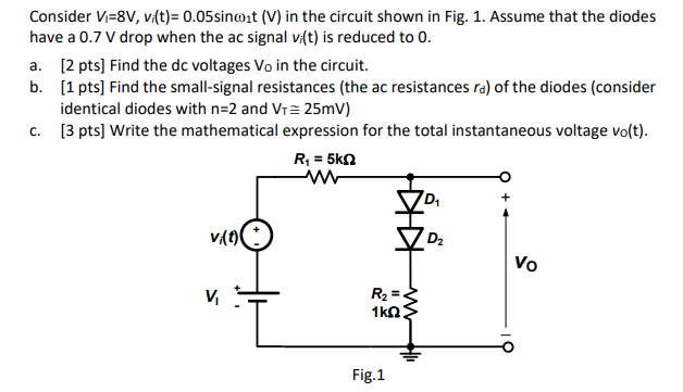 Solved Consider Vi=8V, vi(t)= 0.05sinoit (V) in the circuit | Chegg.com