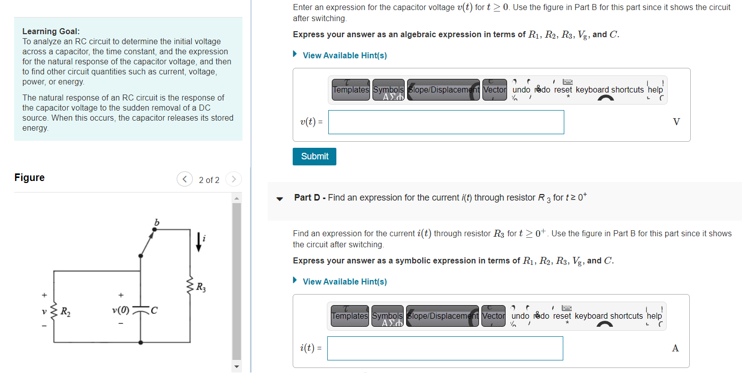 Solved Enter an expression for the capacitor voltage v(t) | Chegg.com
