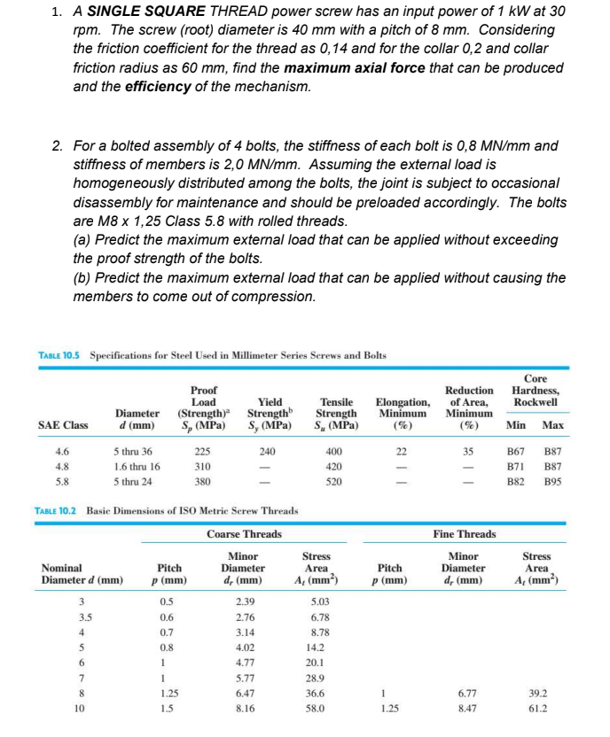 Solved 1. A SINGLE SQUARE THREAD power screw has an input | Chegg.com