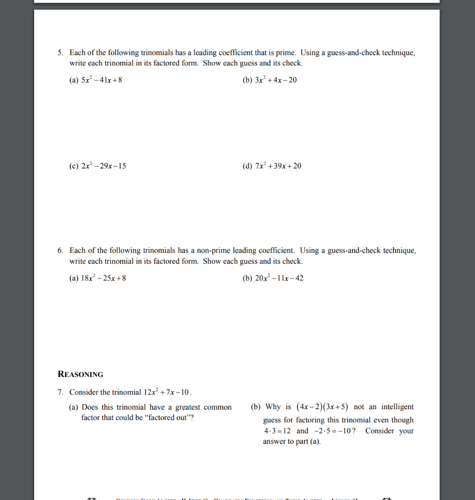 Solved Name: FACTORING TRINOMIALS COMMON CORE ALGEBRA II | Chegg.com