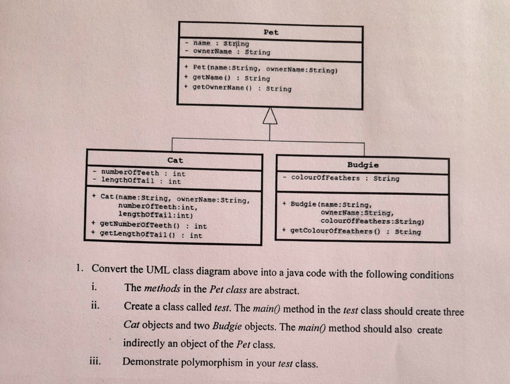 1. Convert the UML class diagram above into a java | Chegg.com