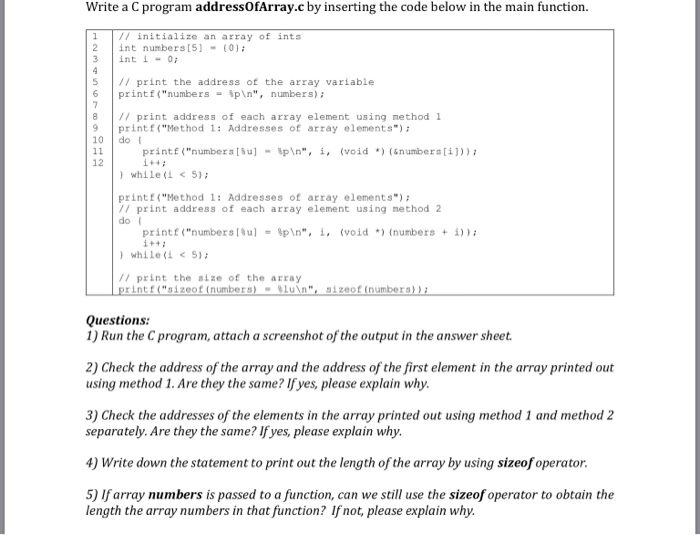 Solved Write a C program addressOfArray.c by inserting the | Chegg.com