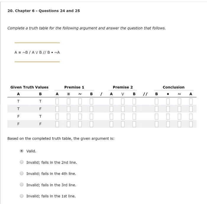 Solved 20. Chapter 6 - Questions 24 and 25 Complete a truth | Chegg.com