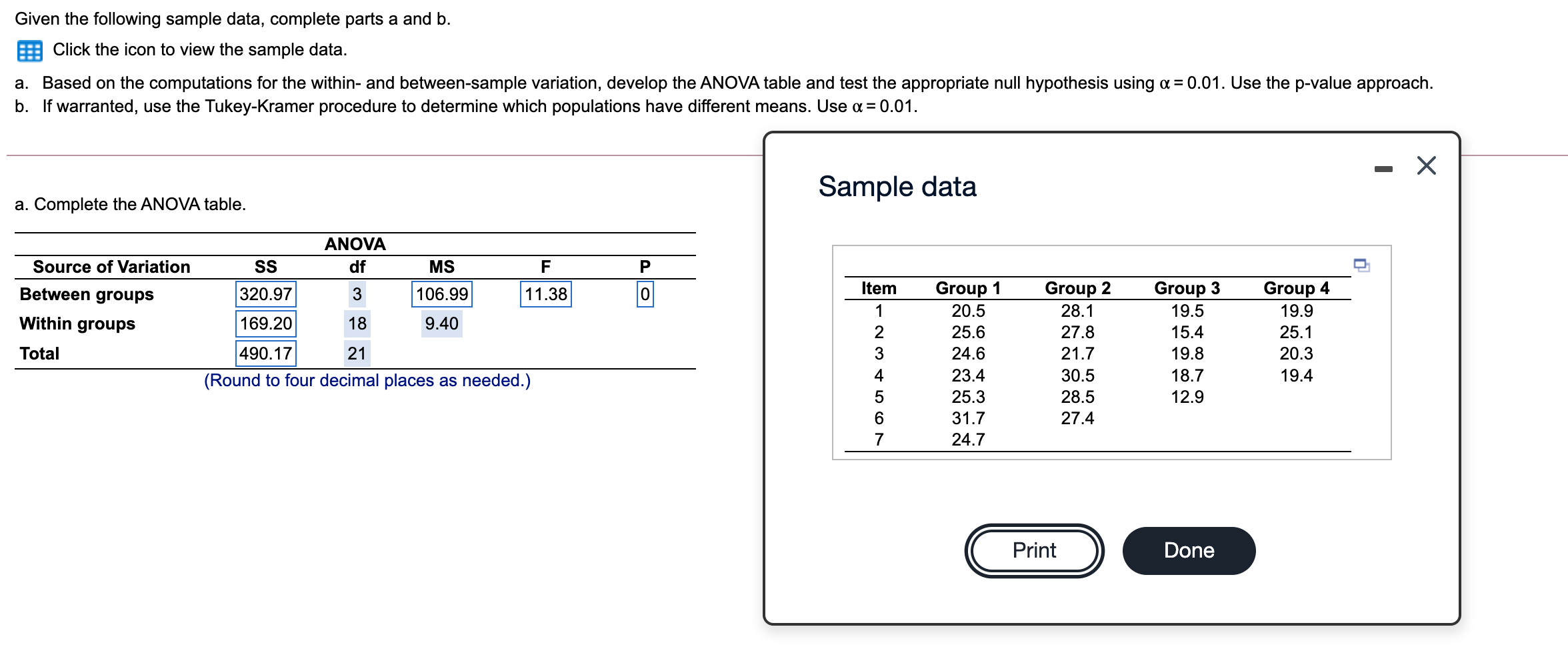 Solved Given the following sample data, complete parts a and | Chegg.com