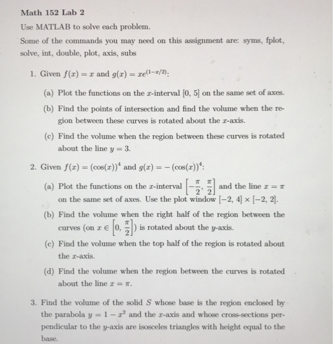 Solved Math 152 Lab 2 Use MATLAB to solve each problem. Some | Chegg.com
