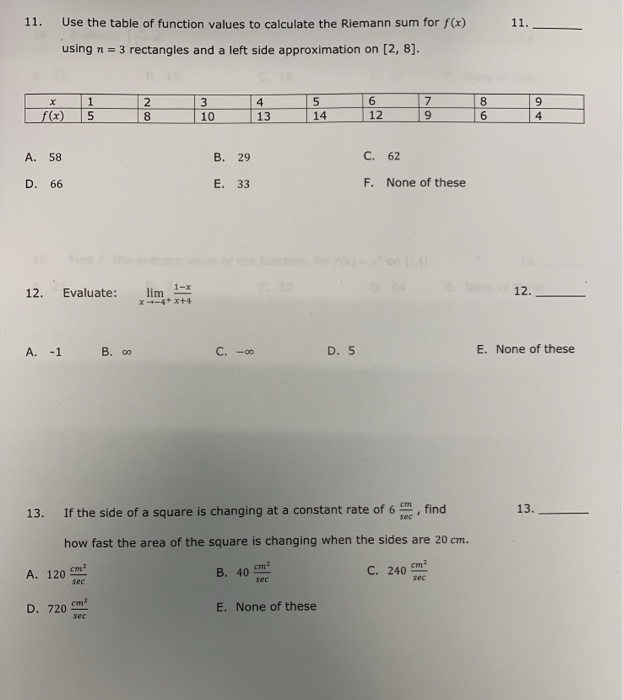 Solved 11. Use the table of function values to calculate the | Chegg.com