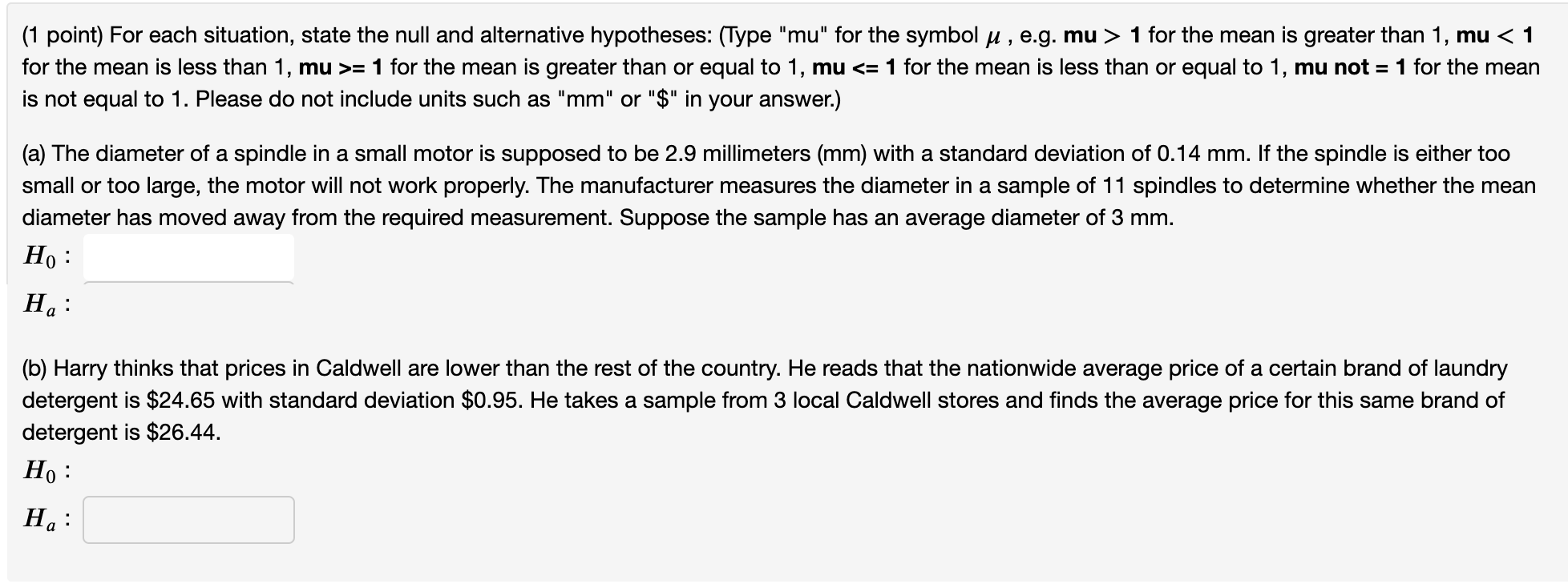 Solved (1 point) For each situation, state the null and | Chegg.com