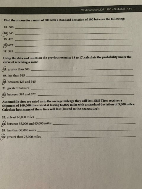 Solved Workbook for MGF 1106-Statistics 141 Find the z-score | Chegg.com