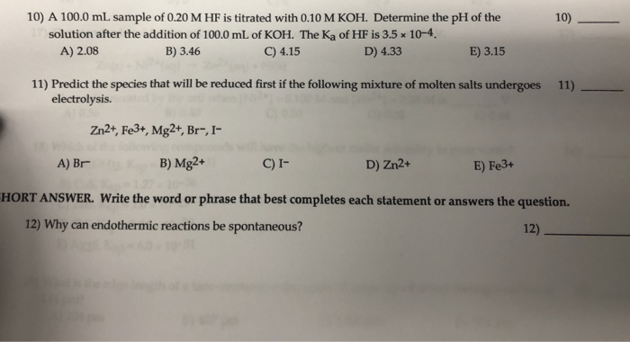 Solved 10) A 100.0 mL sample of 0.20 M HF is titrated with | Chegg.com