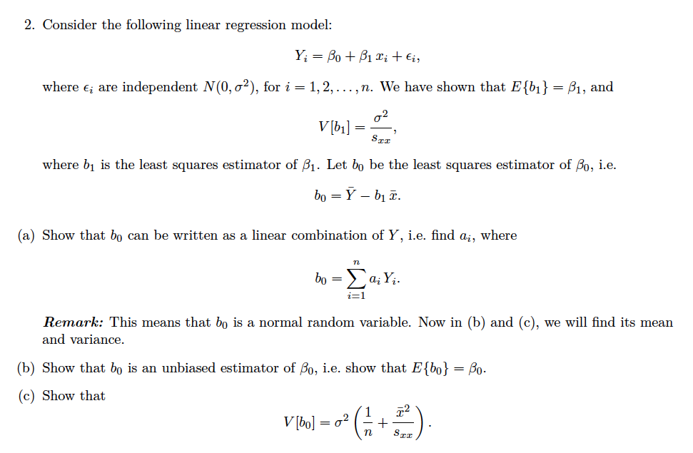 Solved 2. Consider the following linear regression model: Y; | Chegg.com