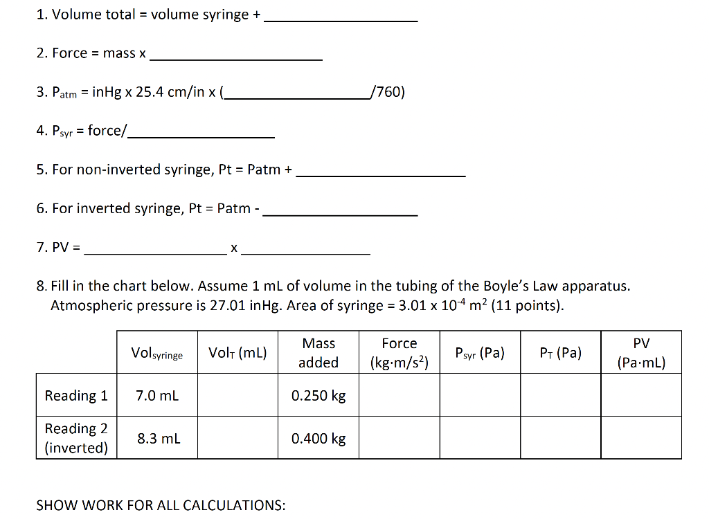 1. Volume total = volume syringe + 2. Force =massx 3. | Chegg.com