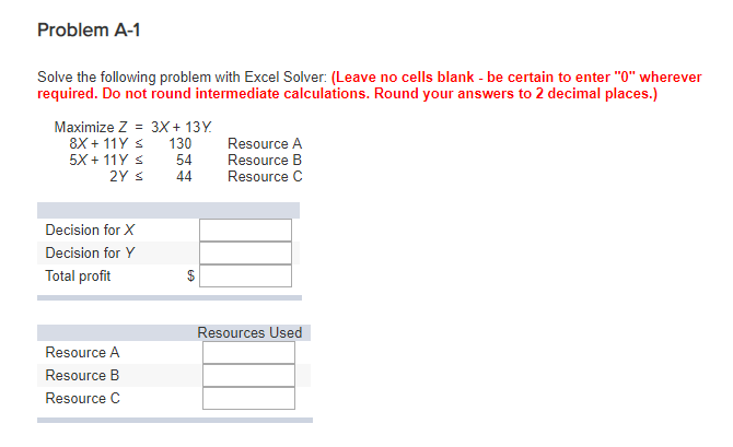 Solved Problem A-1 Solve the following problem with Excel | Chegg.com