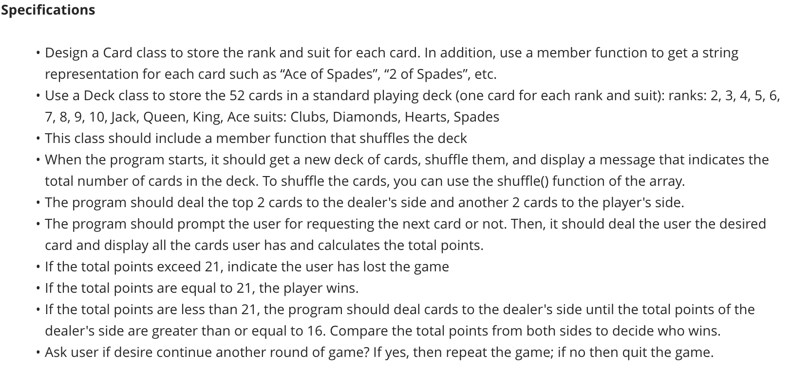 Solved Blackjack Card Game Create an object-oriented program | Chegg.com