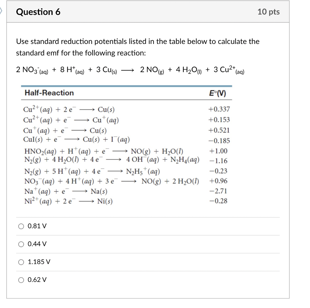 Solved Question 6 10 pts Use standard reduction potentials | Chegg.com