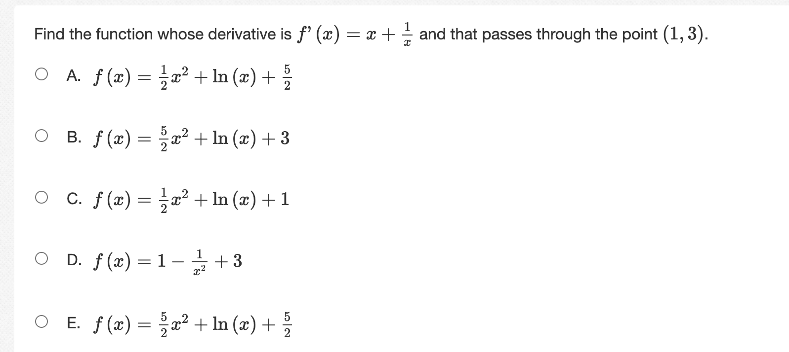 Solved Find the function whose derivative is f′(x)=x+x1 and | Chegg.com