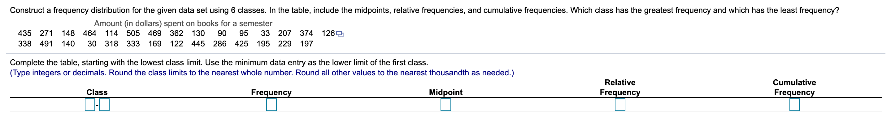 Solved Construct a frequency distribution for the given data | Chegg.com