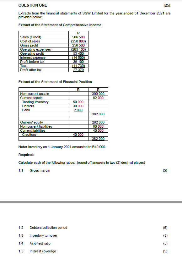 Solved QUESTION ONE [25]Extracts from the financial | Chegg.com