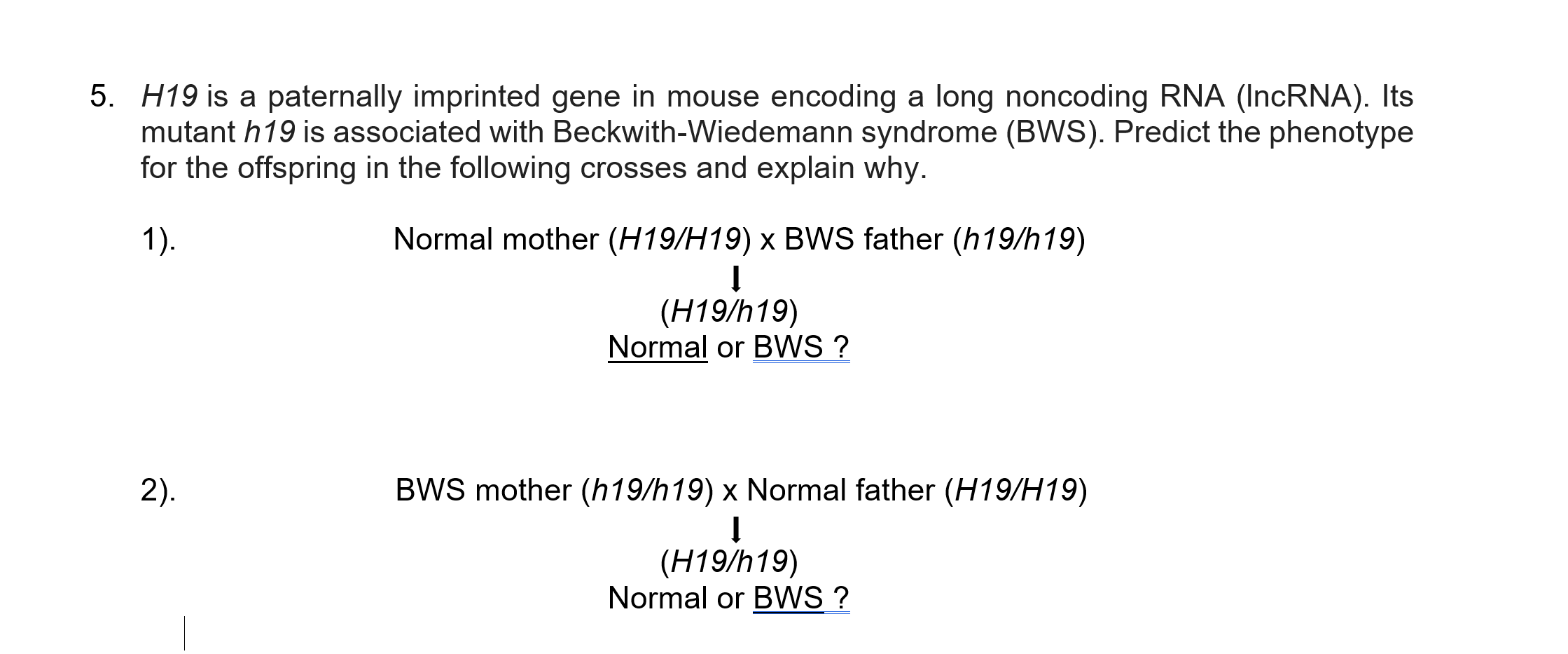 Solved 5. H19 is a paternally imprinted gene in mouse | Chegg.com
