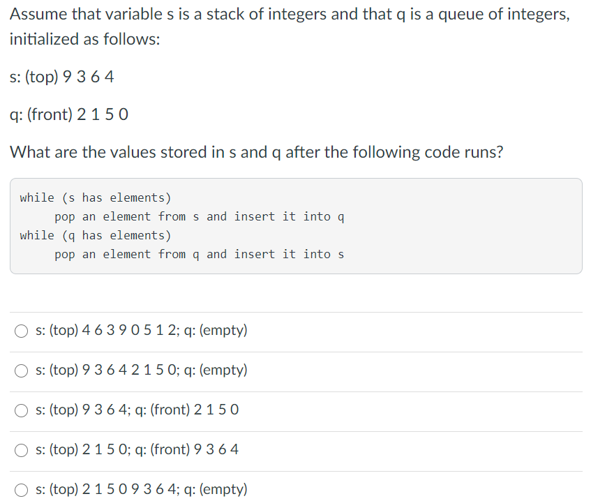 Solved Assume that variable s is a stack of integers and | Chegg.com