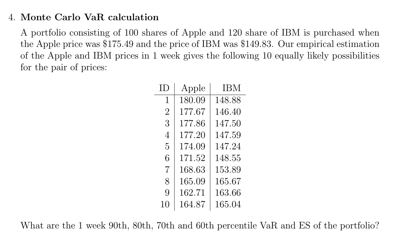 Solved Monte Carlo VaR calculation A portfolio consisting of | Chegg.com