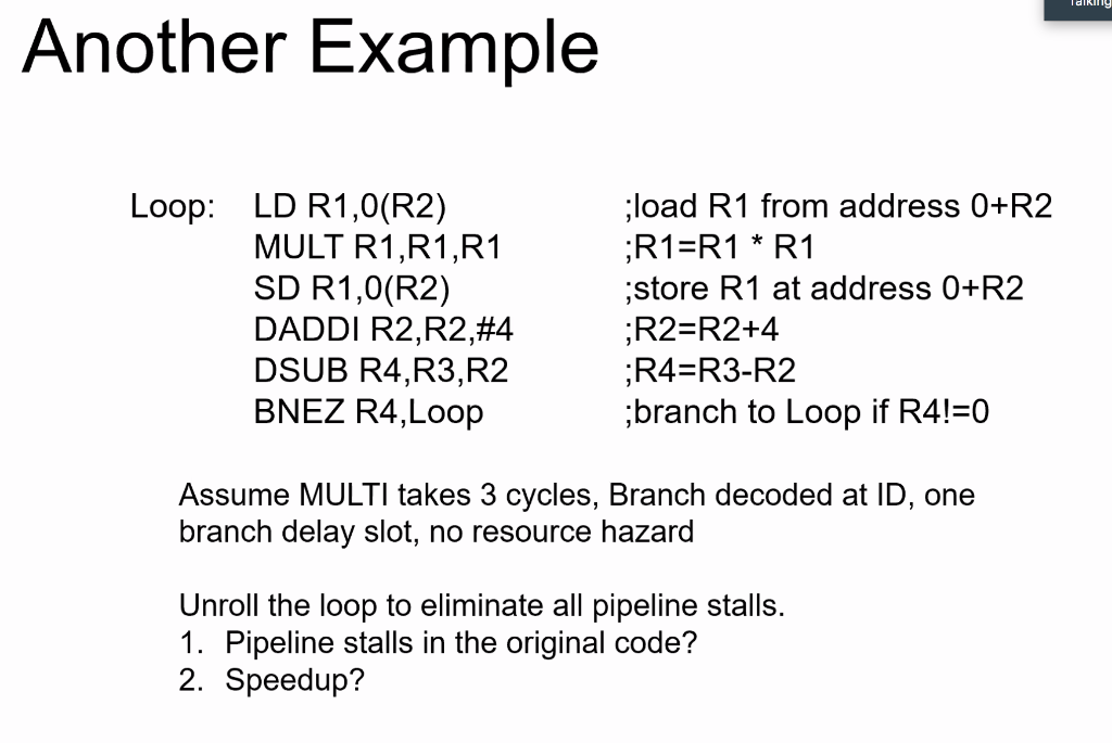 Another Example Loop: LD R1,0(R2) MULT R1, R1, R1 SD | Chegg.com