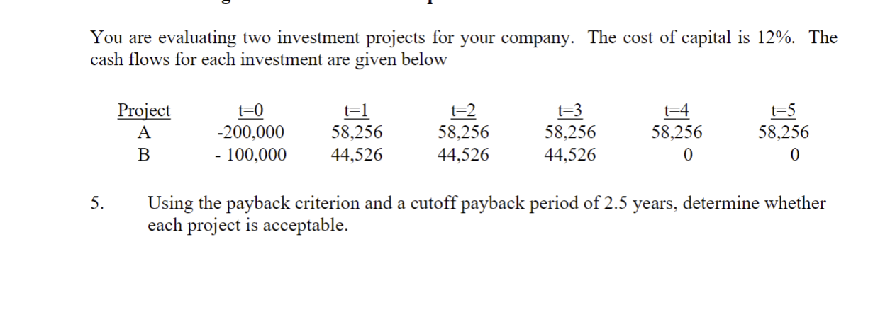 Solved You are evaluating two investment projects for your | Chegg.com