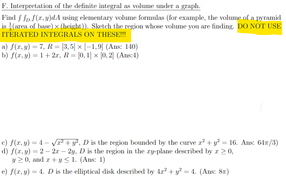 Solved F. ﻿Interpretation of the definite integral as volume | Chegg.com