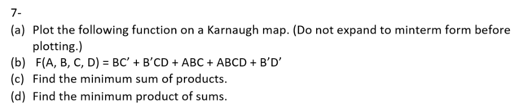 Solved 7- (a) Plot the following function on a Karnaugh map. | Chegg.com
