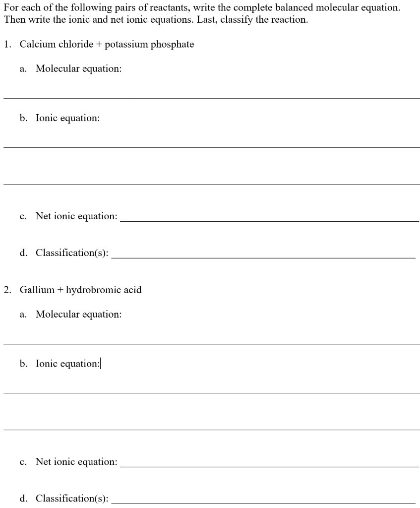 Solved For each of the following pairs of reactants, write | Chegg.com