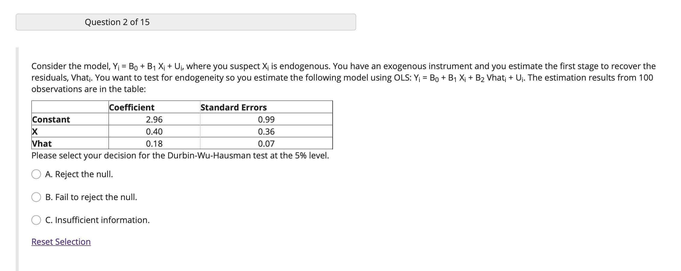Solved Question 2 of 15 Consider the model, Y; = Bo + B1 Xi | Chegg.com