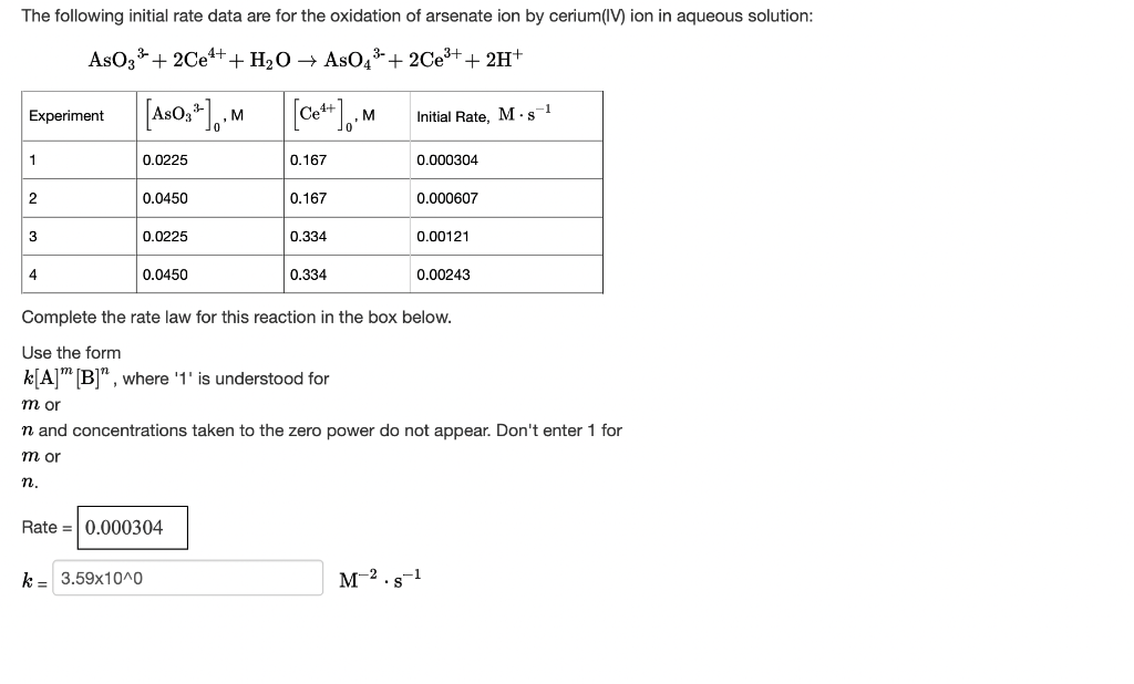 Solved AsO33−+2Ce4++H2O→AsO43−+2Ce3++2H+ Complete the rate | Chegg.com