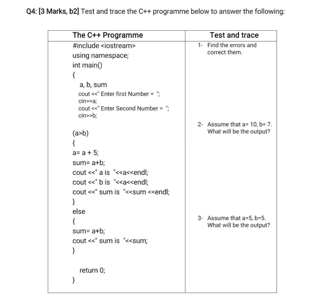 Solved Q4: [3 Marks, b2] Test and trace the C++ programme | Chegg.com