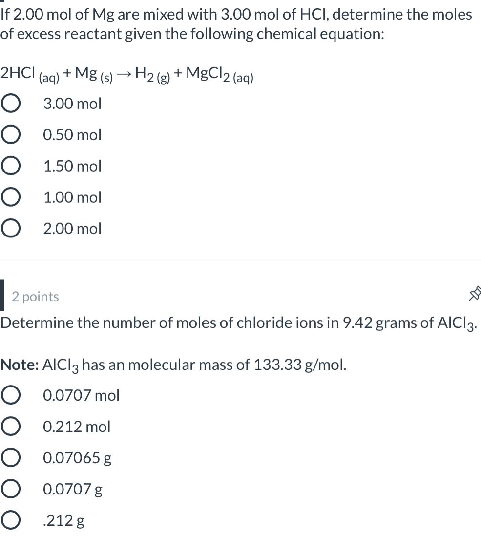 Solved If 2.00 mol of Mg are mixed with 3.00 mol of HCl, | Chegg.com