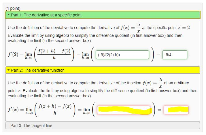 Solved (1 point) Part 1: The derivative at a specific point | Chegg.com